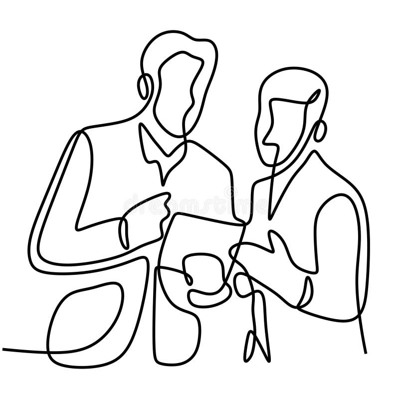 Continuous Line Drawing of Two Men Standing Talking about Document ...