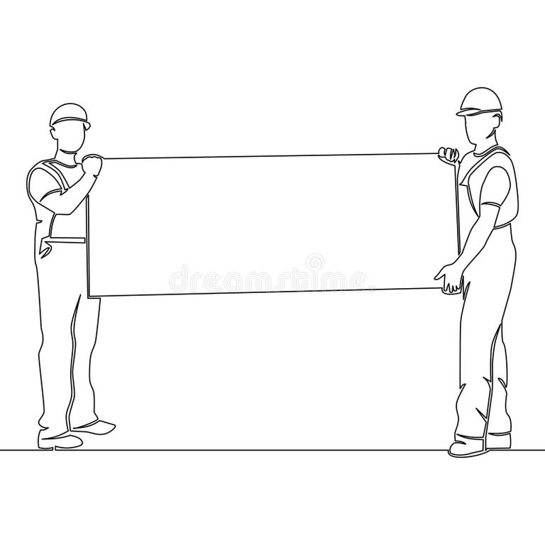 Continuous Line Drawing Two Workers are Standing and Holding Big Long ...