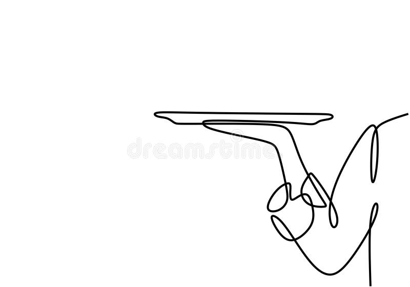 Continuous Line Drawing of Waiter Hand Pose Standing Bringing Tray ...