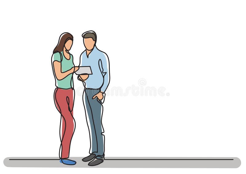 Continuous Line Drawing of Man and Woman Discussing Stock Vector ...