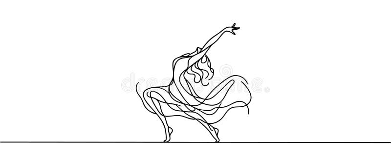 Continuous Line Drawing of Woman Dancing in Long Dress. Vector ...