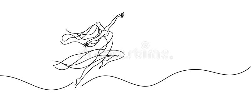 Continuous Line Drawing of Woman Dancing in Long Dress. Vector ...