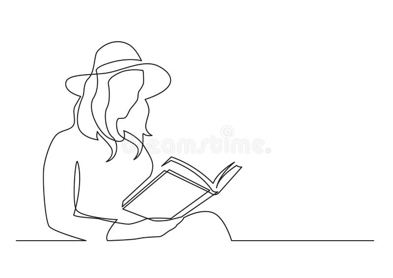 Continuous Line Drawing of Woman in Hat Reading Book Stock Vector ...