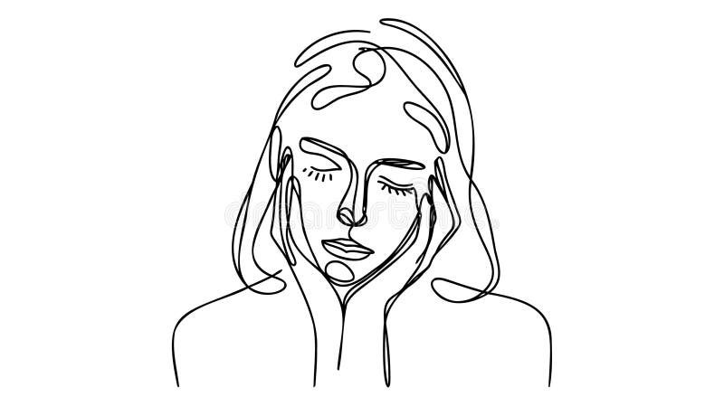 Continuous Line Drawing of Woman Think, Holding Her Face in Despair ...