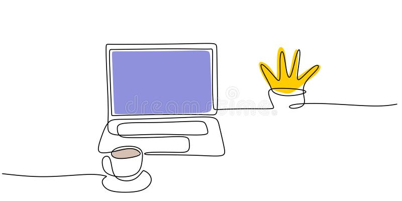 Continuous Line Drawing Work Setup Laptop Coffee Cup beside. Desk ...