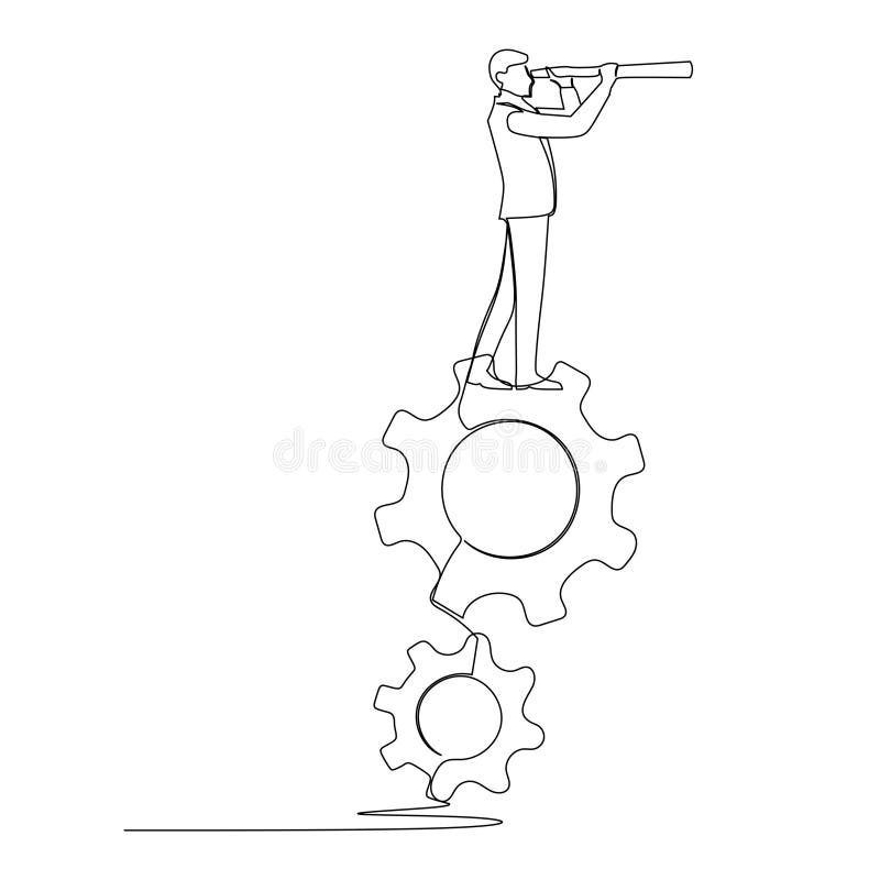 Continuous Line Drawing Young Businessmen Standing on Pile of Cogs and ...