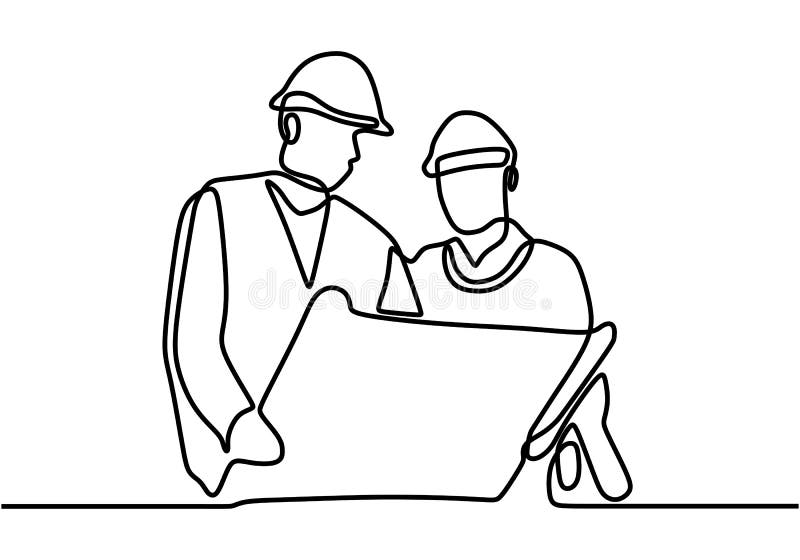 Continuous Line Drawing of Young Engineer Giving Instruction To Builder ...