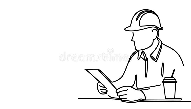 Continuous Line Drawing of a Young Man Architect-engineer Sitting at a ...