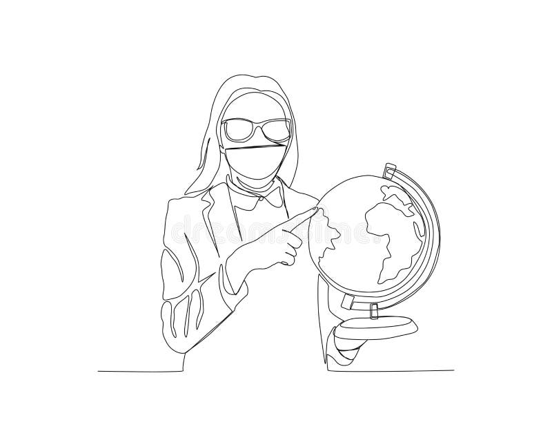 Continuous Line Drawing of Young Woman Holding Earth Globe. Single One ...