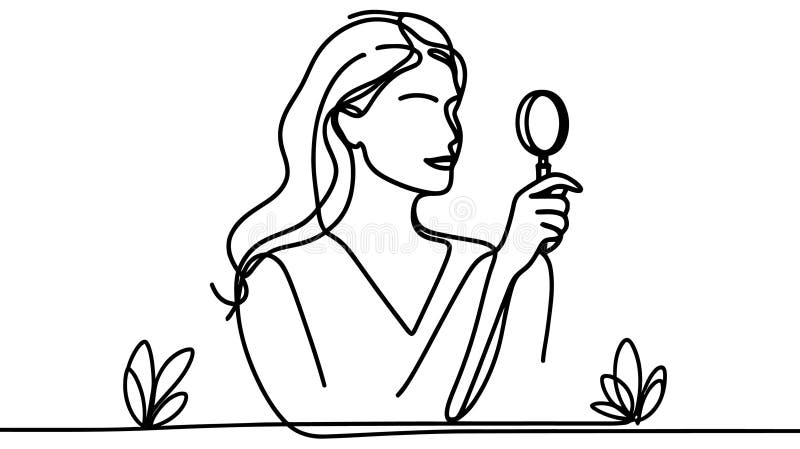 Continuous Line Drawing Young Woman Using Magnifying Glass Searching ...
