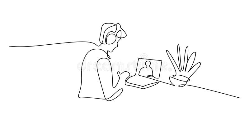 Continuous Line Illustration Person Conference Call Headset. Remote ...