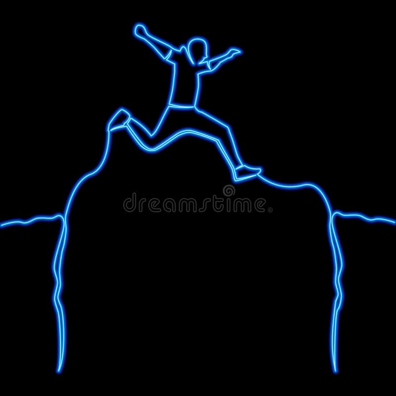 Continuous Line Man Jumping Over Cliff Neon Stock Vector - Illustration ...
