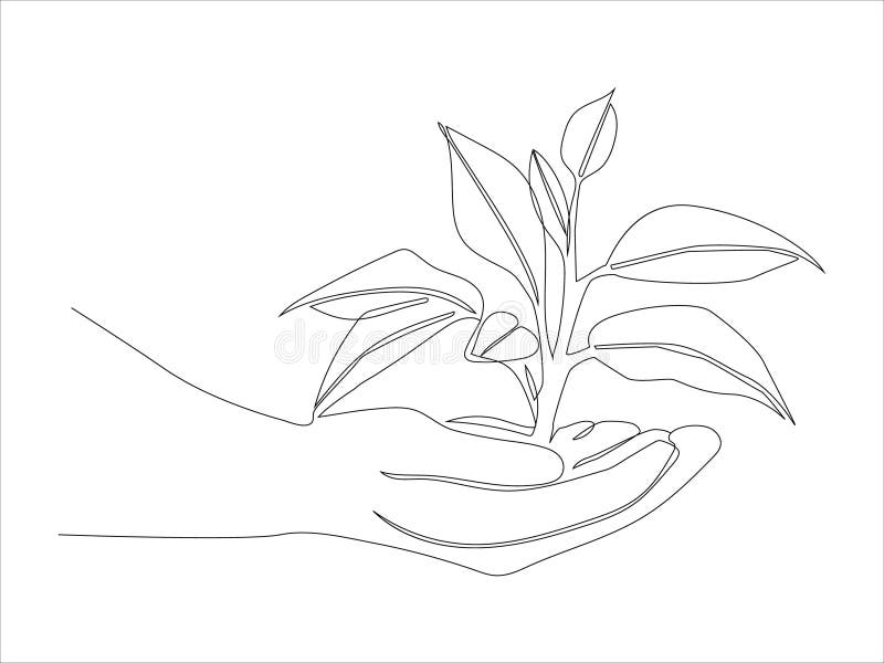 Continuous One Line Art of a Hand Holding a Tree Bud. Stock Vector ...