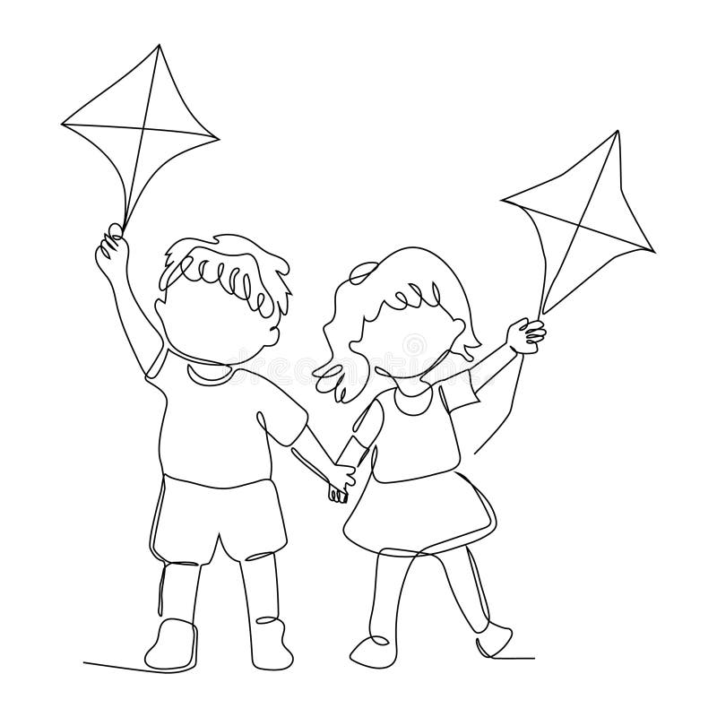 Continuous One Line Art of Kids Couple with Kite Flying Stock Vector ...