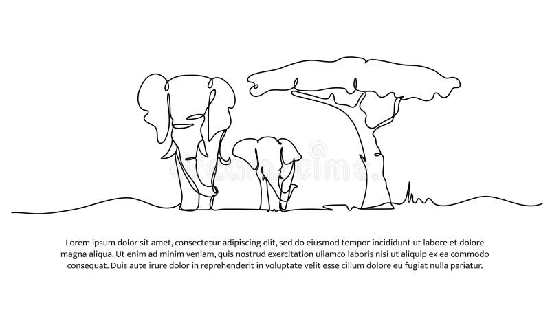 Continuous One Line Design of Elephants Under a Tree. Minimalist Style ...