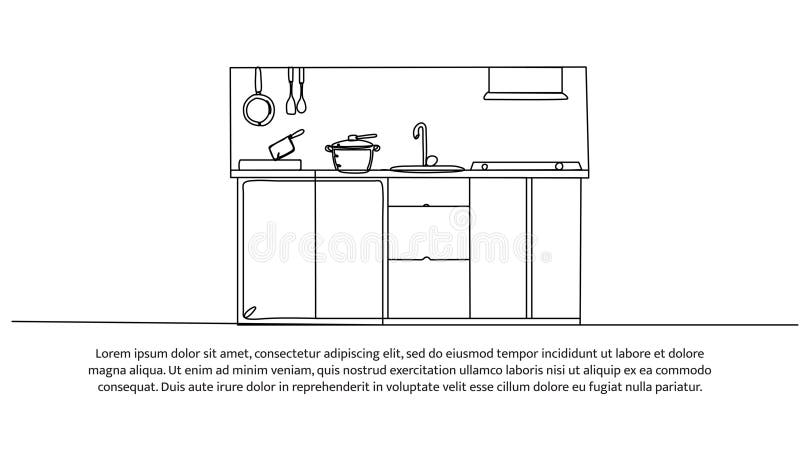 Continuous One Line Design of Kitchen Interior Stock Vector ...