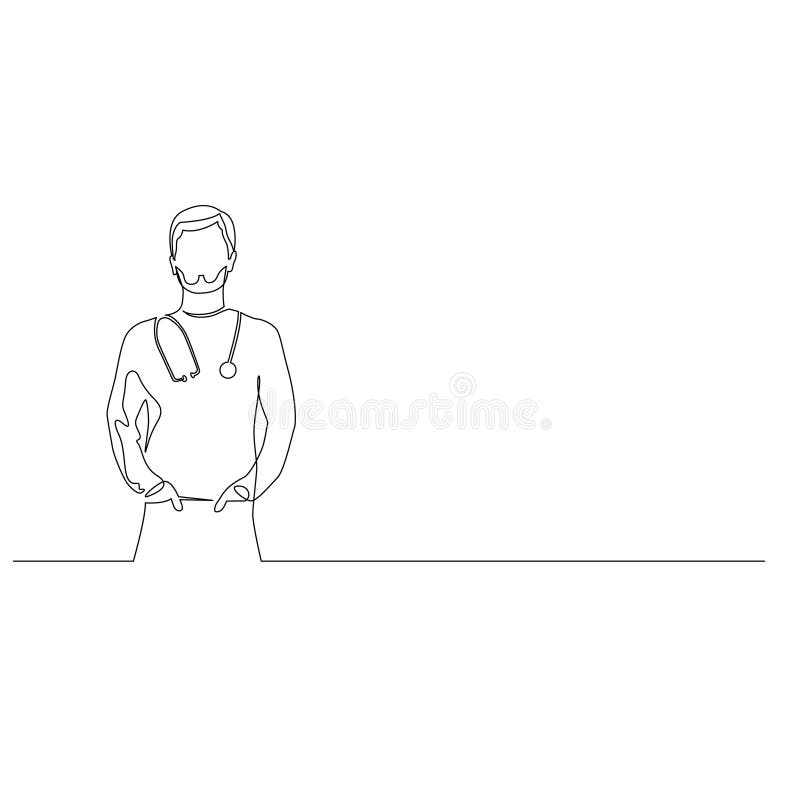Continuous One Line Doctor Man with Phonendoscope Hold Hands in Pockets ...
