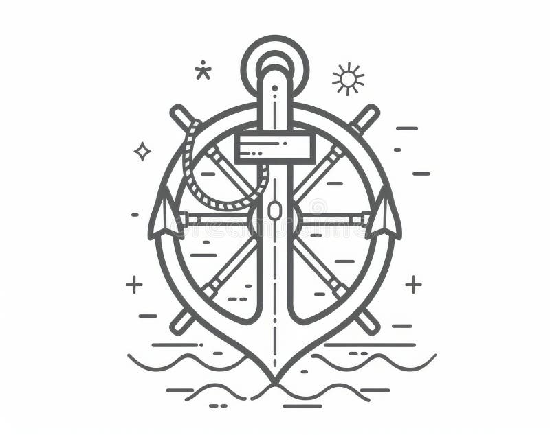 A Continuous One-line Drawing of an Anchor and Ship Wheel. Modern ...