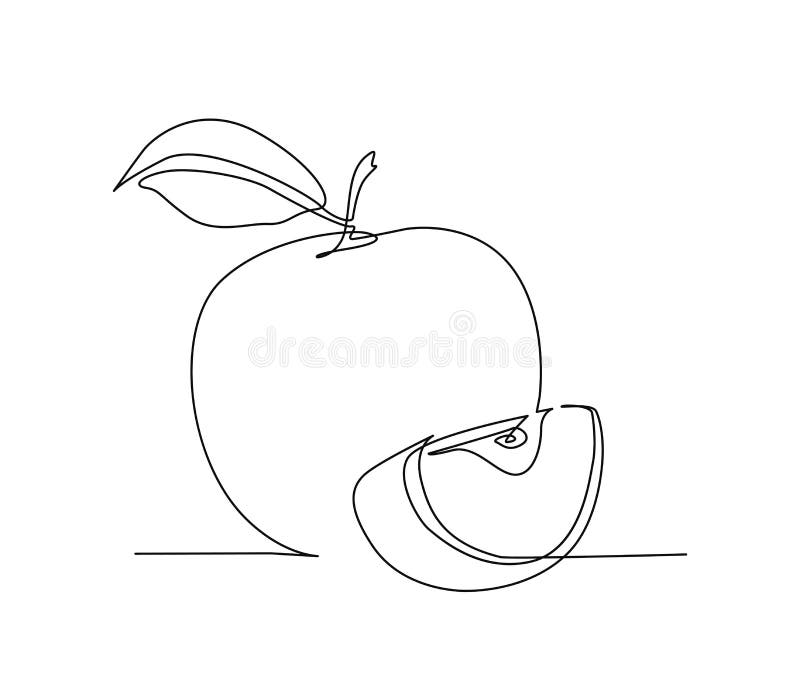 Continuous One Line Drawing of Apple Fruit with Leaf. Slice of Apple ...