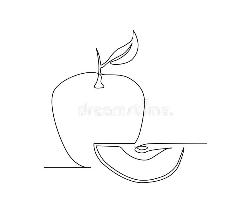 Continuous One Line Drawing of Apple Fruit with Leaf. Slice of Apple ...