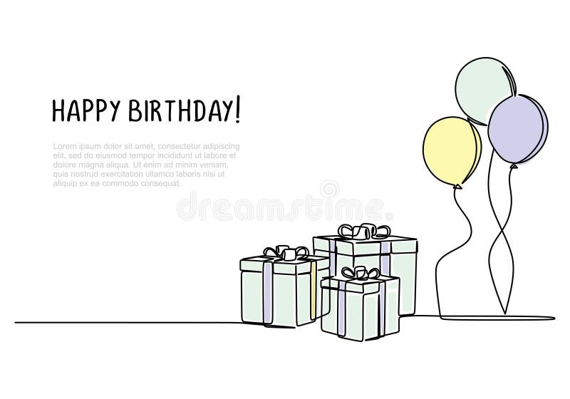 Continuous One Line Drawing of Birthday Open Gift Box and Balloons ...
