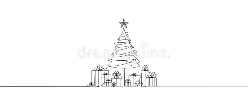 Continuous One Line Drawing of Christmas Tree and Gift. Merry Christmas ...