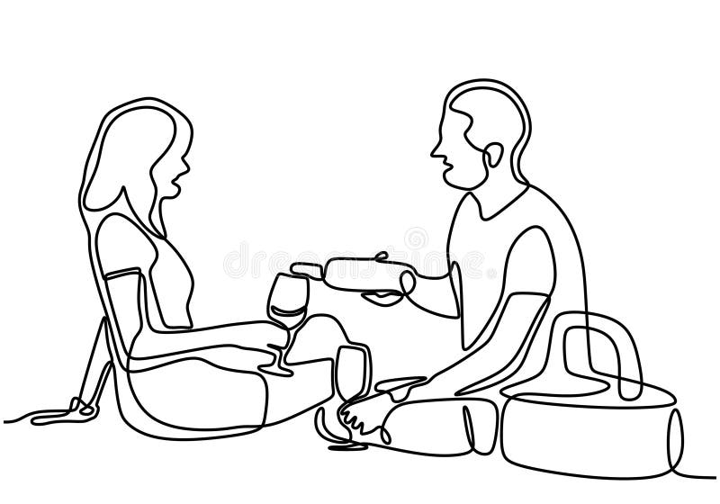 Continuous One Line Drawing of Couple Dinner with Table Food and Wine ...