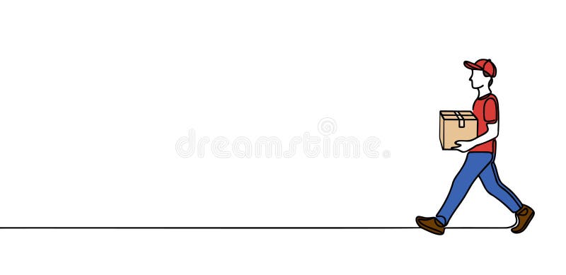 Continuous One Line Drawing Delivery Man with Parcel Box. Drawing of ...