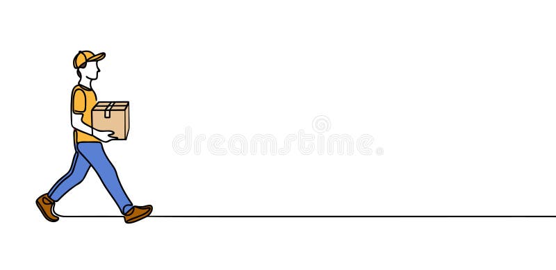 Continuous One Line Drawing Delivery Man with Parcel Box. Drawing of ...