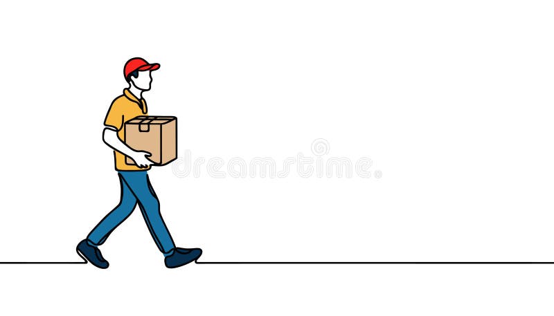 Continuous One Line Drawing Delivery Man with Parcel Box. Drawing of ...