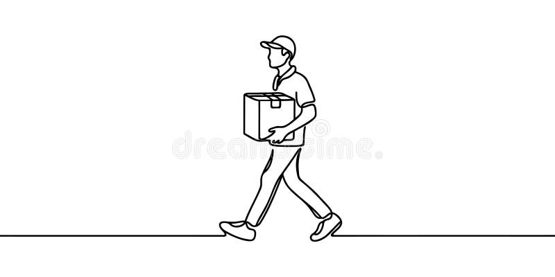 Continuous One Line Drawing Delivery Man with Parcel Box. Drawing of ...