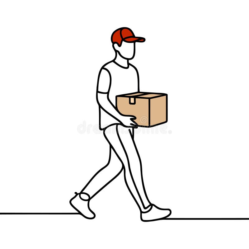 Continuous One Line Drawing Delivery Man with Parcel Box. Drawing of ...
