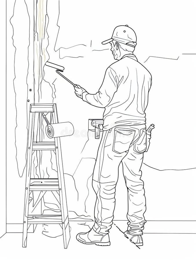 A Continuous One-line Drawing Depicting a Painter Using a Paint Roller ...