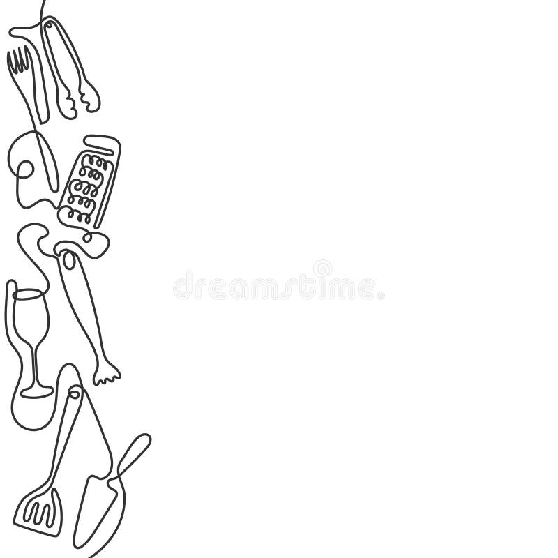 Continuous One Line Drawing of Different Kitchen Utensils. Black and ...