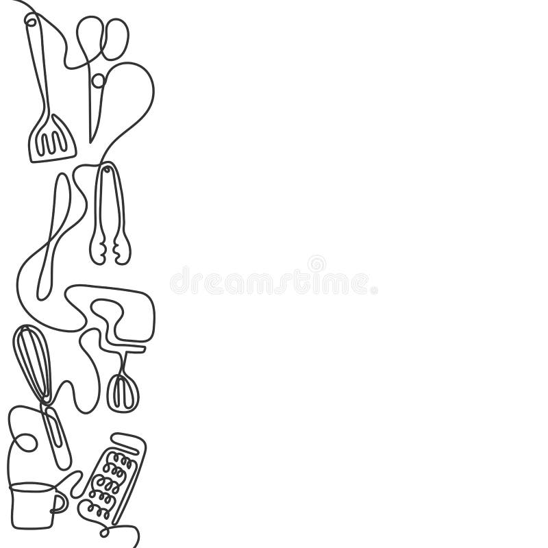 Continuous One Line Drawing of Different Kitchen Utensils. Black and ...
