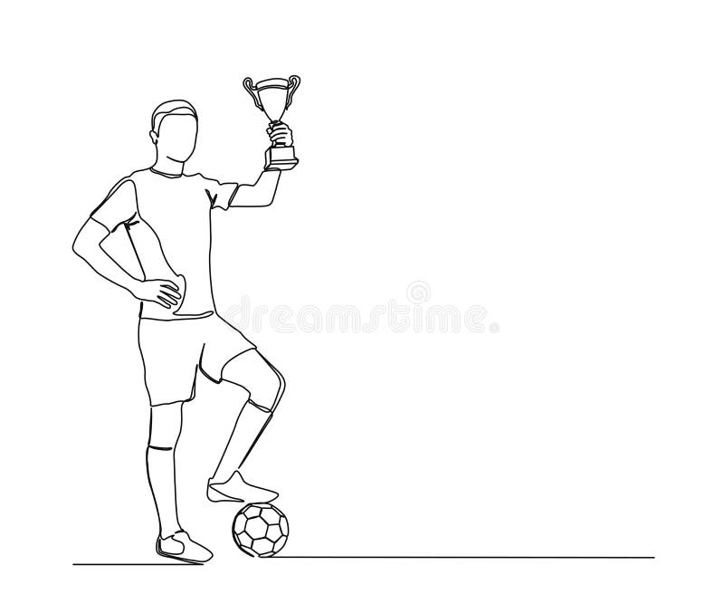 Continuous One Line Drawing of Football Player Holding Trophy. Football ...