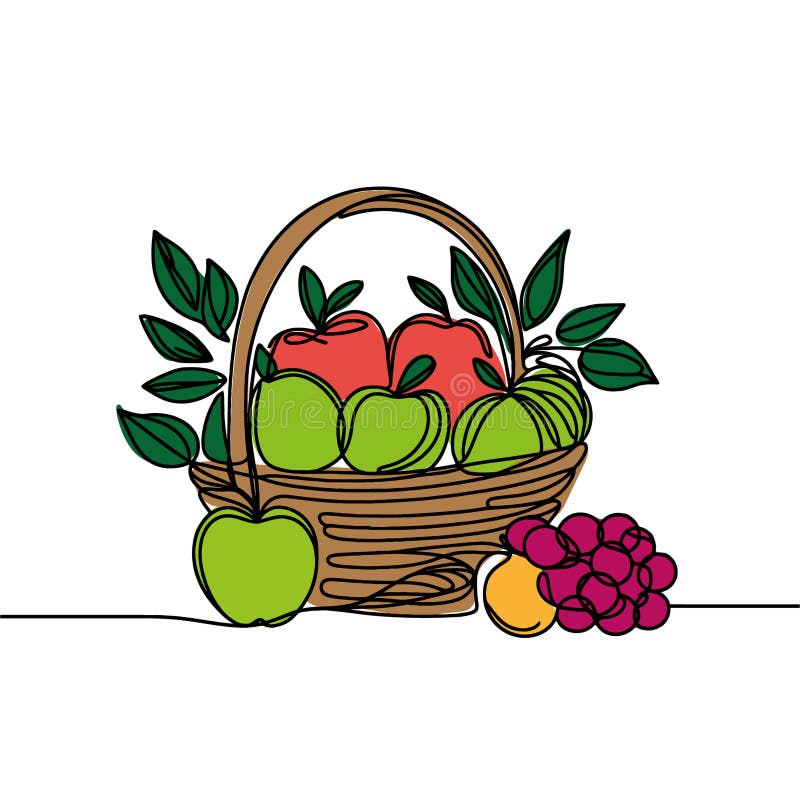 Continuous One Line Drawing of Fresh Fruits in a Basket. Fruits in a ...