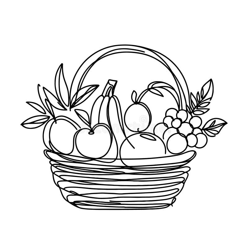 Continuous One Line Drawing of Fresh Fruits in a Basket. Fruits in a ...