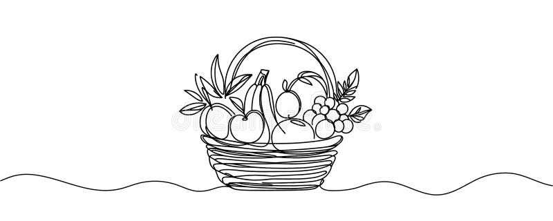 Continuous One Line Drawing of Fresh Fruits in a Basket. Fruits in a ...