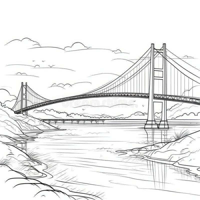 Continuous One Line Drawing of a Giant Bridge Over a River in ...