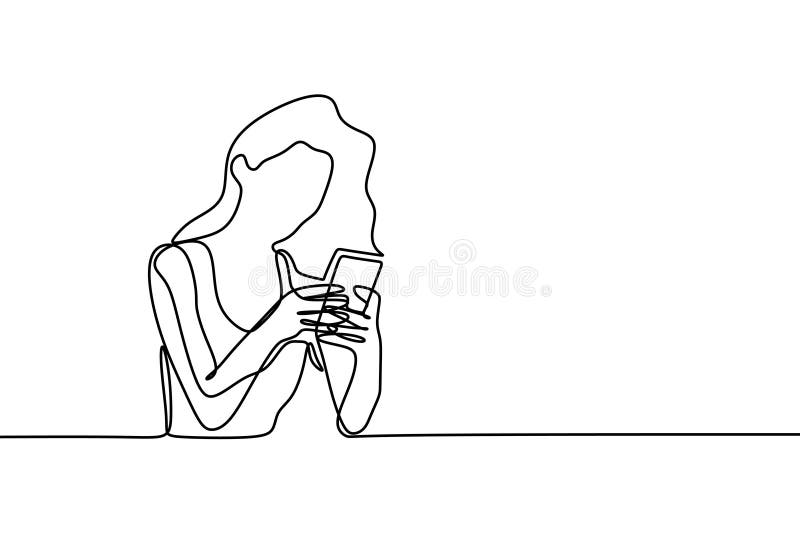 Continuous One Line Drawing of Girl Playing and Using Mobile Phone or ...