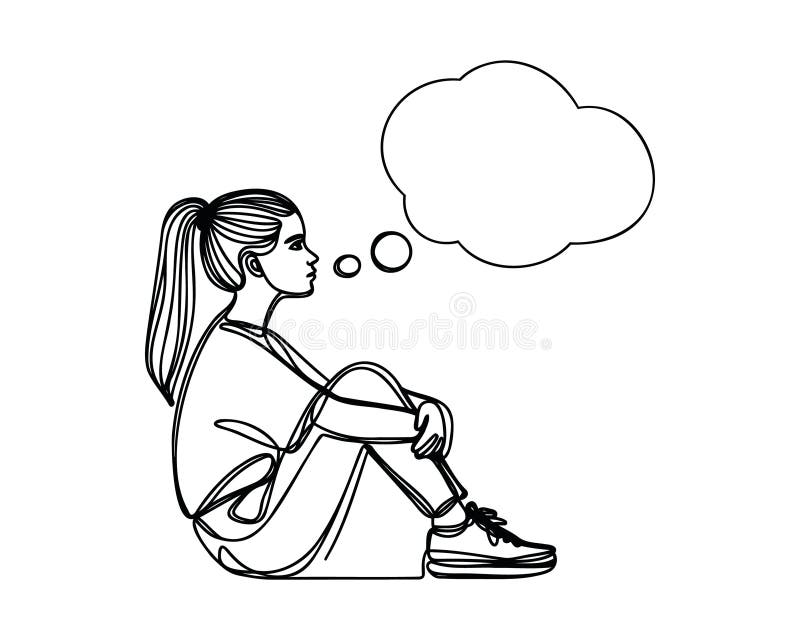 Continuous One Line Drawing Girl Thinking Stock Vector - Illustration ...