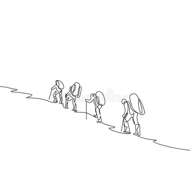Continuous One Line Drawing Group of Four Travelers Hiking in the ...
