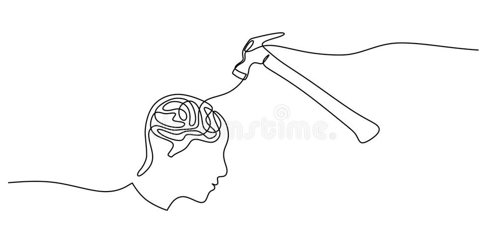 Continuous One Line Drawing of a Head with a Brain and Hammer ...
