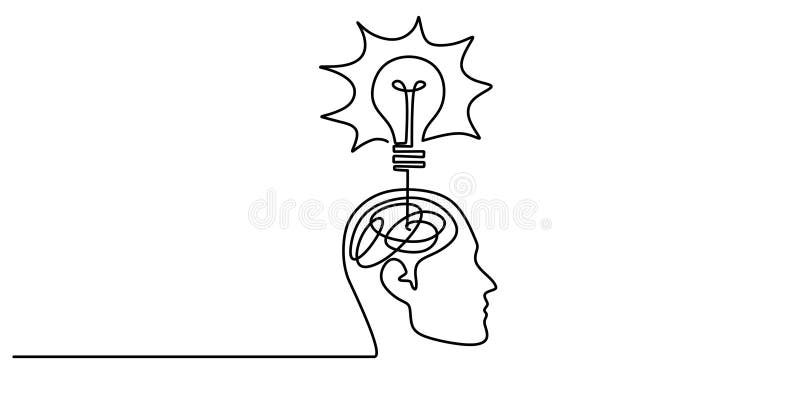 Continuous One Line Drawing of a Head with a Brain and Light Bulb ...