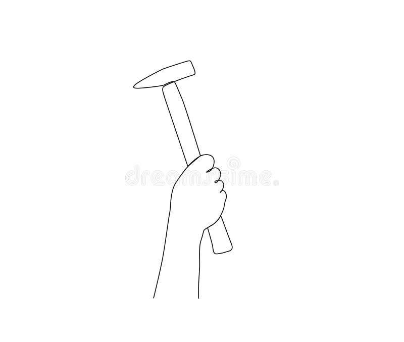 Continuous One Line Drawing of and Holding Hammer. Man`s Hand Holds a ...