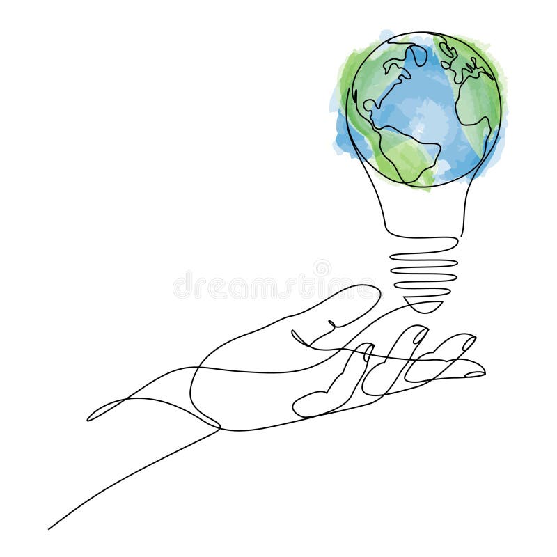 Continuous One Line Drawing of Human Hand Holding Light Bulb with Earth ...