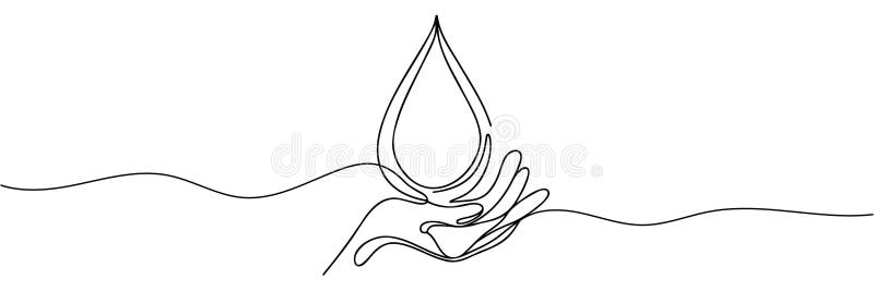 Continuous One Line Drawing of Human Hand Holding Water Drop. Blue ...