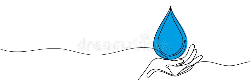 Continuous One Line Drawing of Human Hand Holding Water Drop. Blue ...