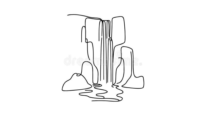 Continuous One Line Drawing. Landscape with Mountains, Waterfall and ...